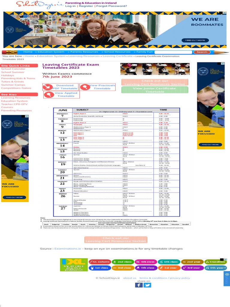 Leaving Certificate Examination Timetable 2023 - SchoolDays.ie | PDF