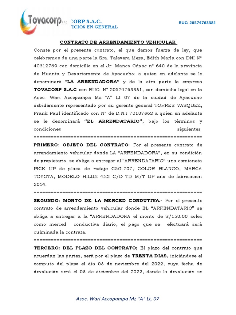 Contrato de Arrendamiento Vehicular | PDF | Derecho privado