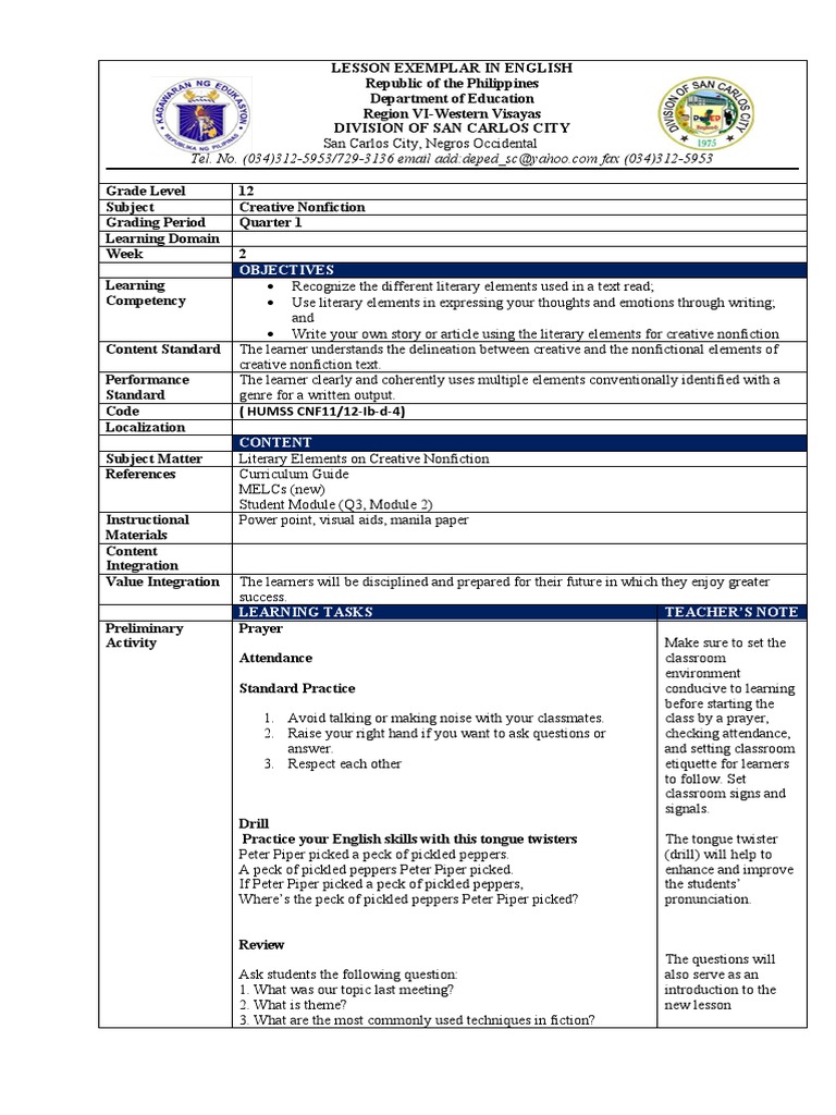 LESSON EXEMPLAR: CREATIVE NONFICTION: literary-elements- | PDF | Little ...