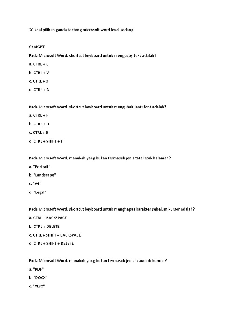 20 Soal Pilihan Ganda Tentang Microsoft Word Level Sedang | PDF