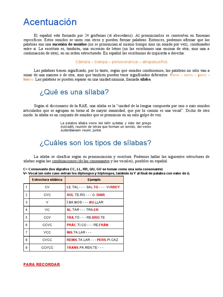 Tipos de sílabas y acentuación en español | PDF | Sílaba | Voz humana
