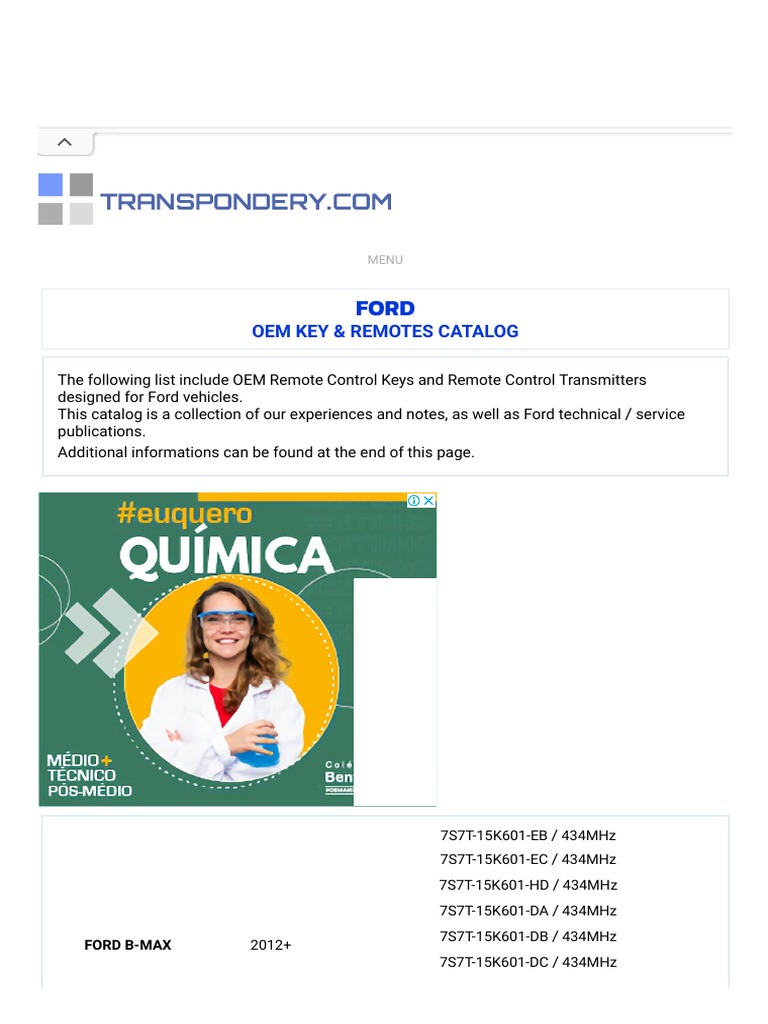 Ford - Remote Control Keys and Transmitters Catalogue | PDF