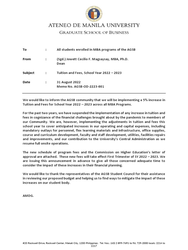 AGSB MBA Tuition Fee Increase 2022-2023 | PDF | Technology & Engineering