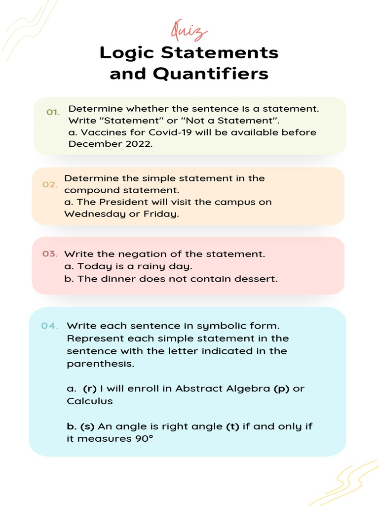Logic Statements and Quantifiers Quiz and Answer Key | PDF | Syntax ... Logic Statements and Quantifiers Quiz and Answer Key | PDF | Syntax ...