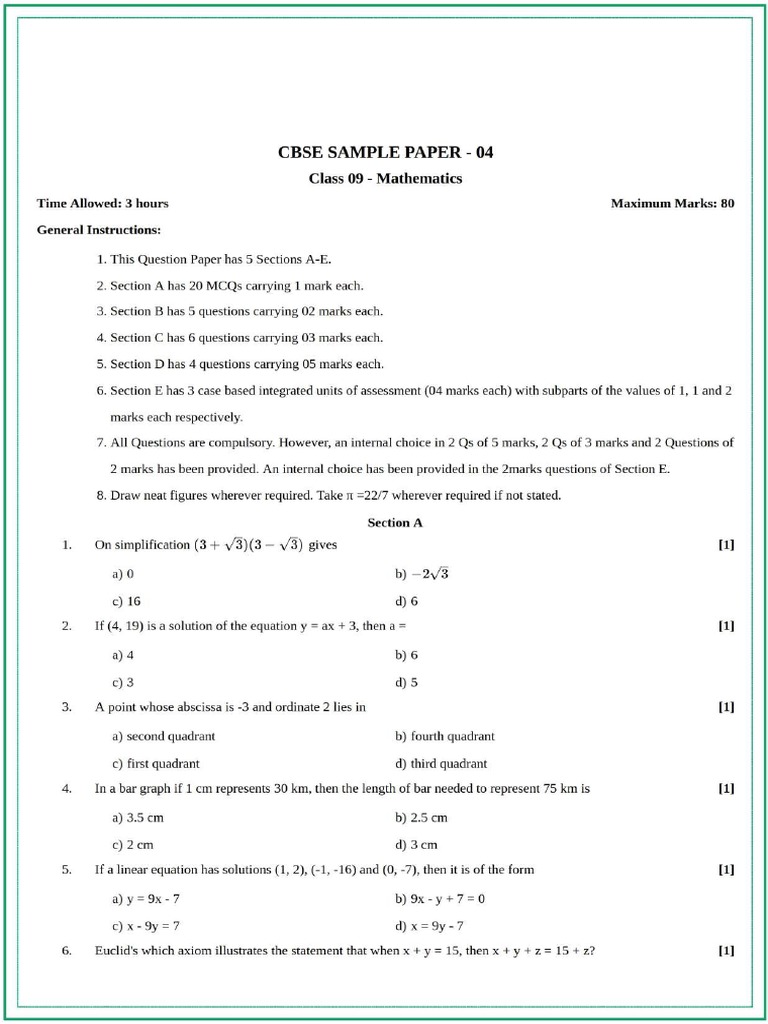 cbse sample c9 math paper 2020 | PDF