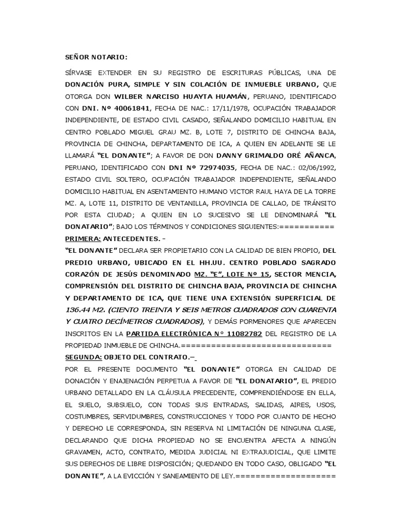 Danny Grimaldo Ore Añanca - Mz. e - Lote 15 | PDF | Donación | Justicia