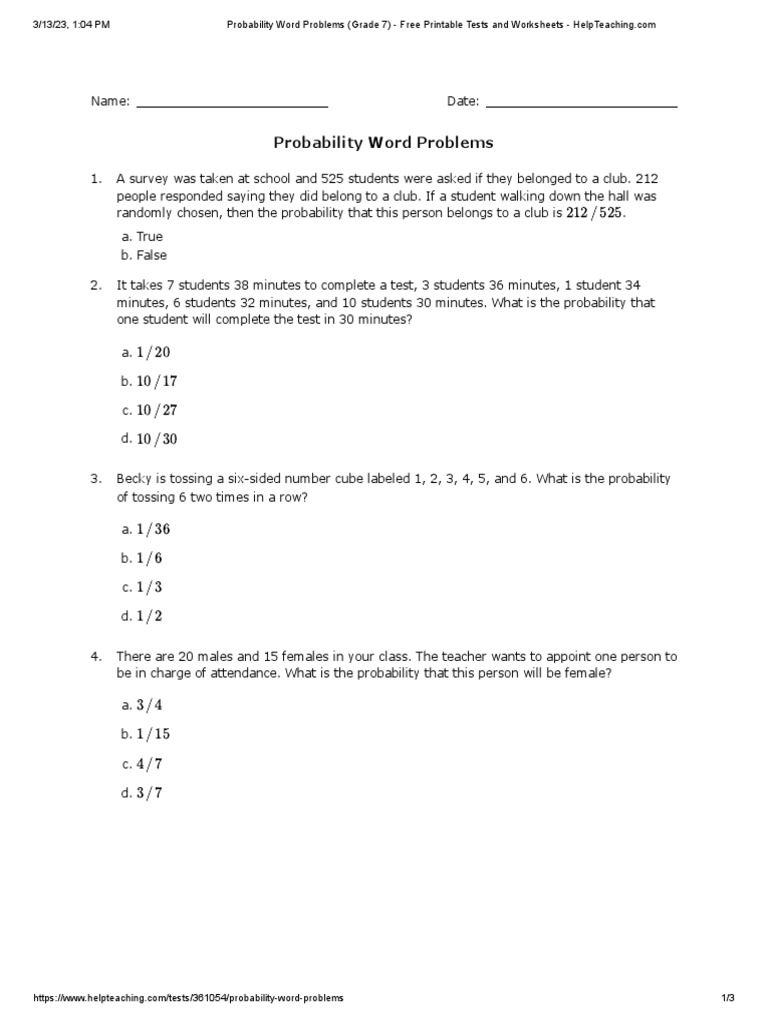 Grade 7 Probability Exercises | PDF | Probability And Statistics | Probability