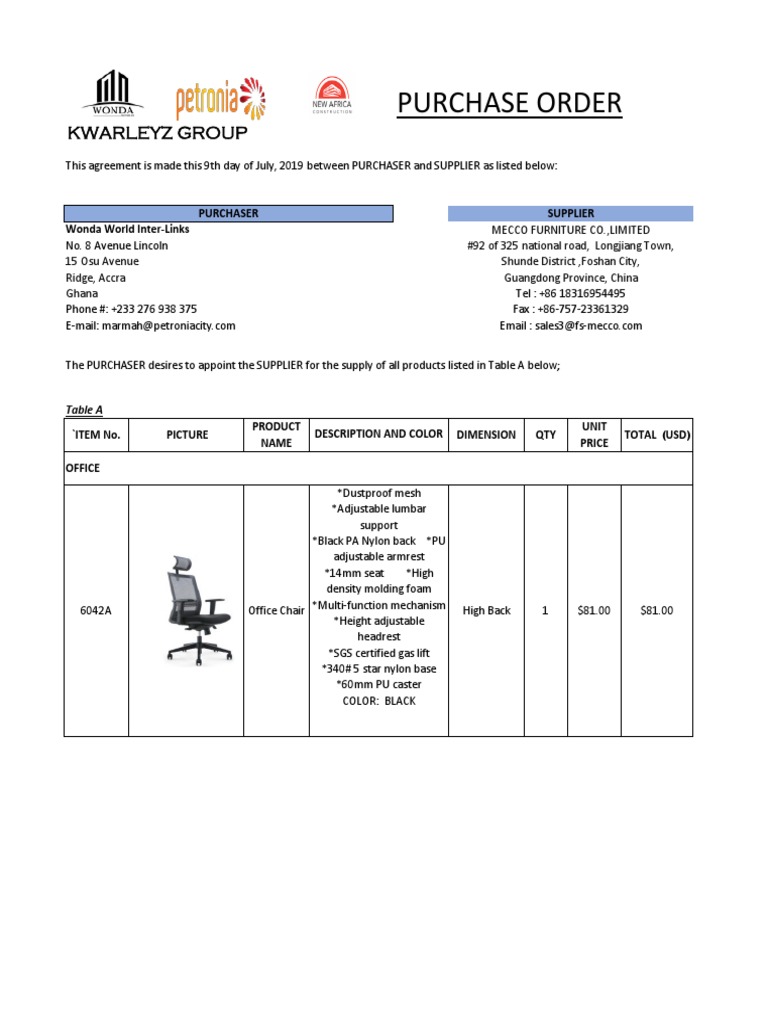 Office Furniture Purchase Order | PDF | Chair | Casting (Metalworking)