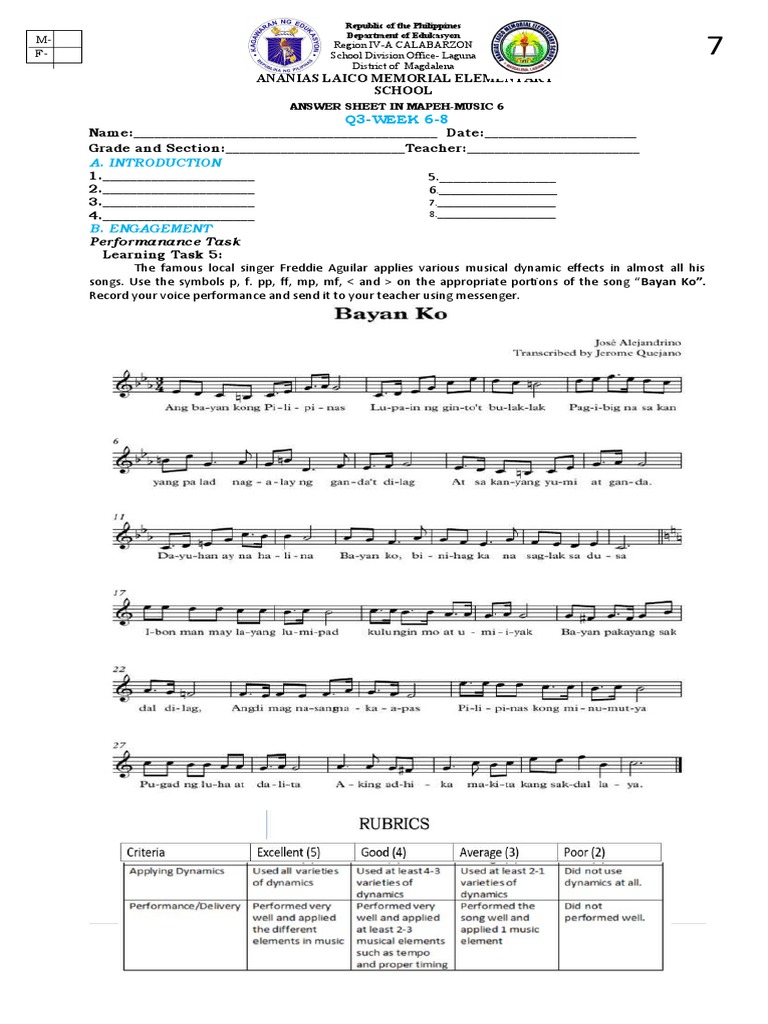 Q3 - Week 6 8 Answer Sheet Music 6 | PDF