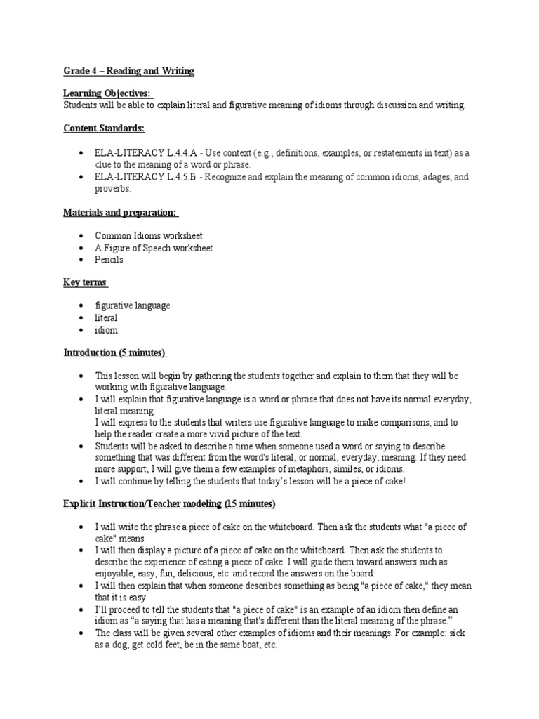 Lesson Plan Figurative Language Idioms | PDF | Idiom | Metaphor