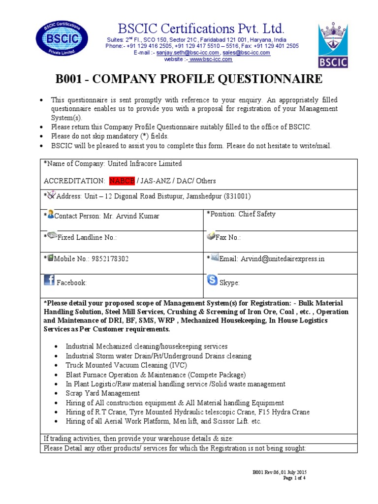 United Infracore ISO Certification Questionnaire | PDF | Crane (Machine ...