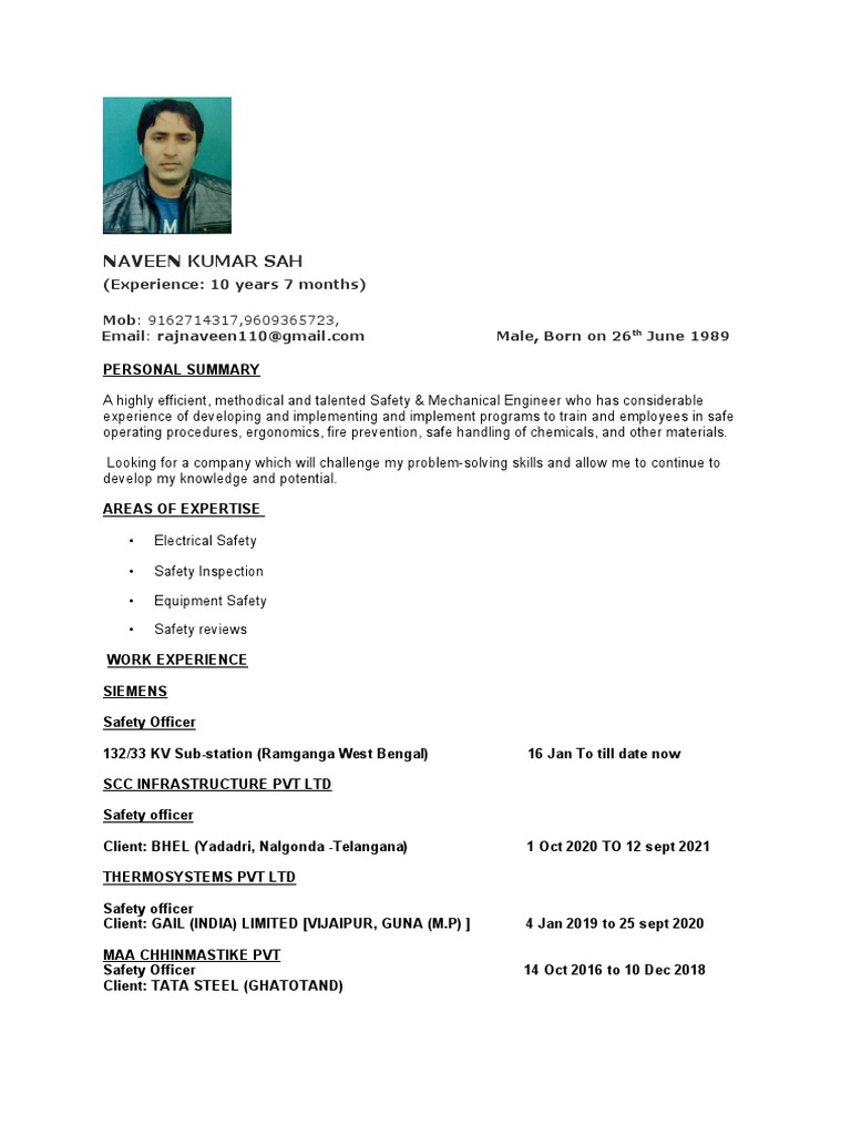 Naveen Kumar Sah Safety Officer Resume | PDF | Occupational Safety And ...