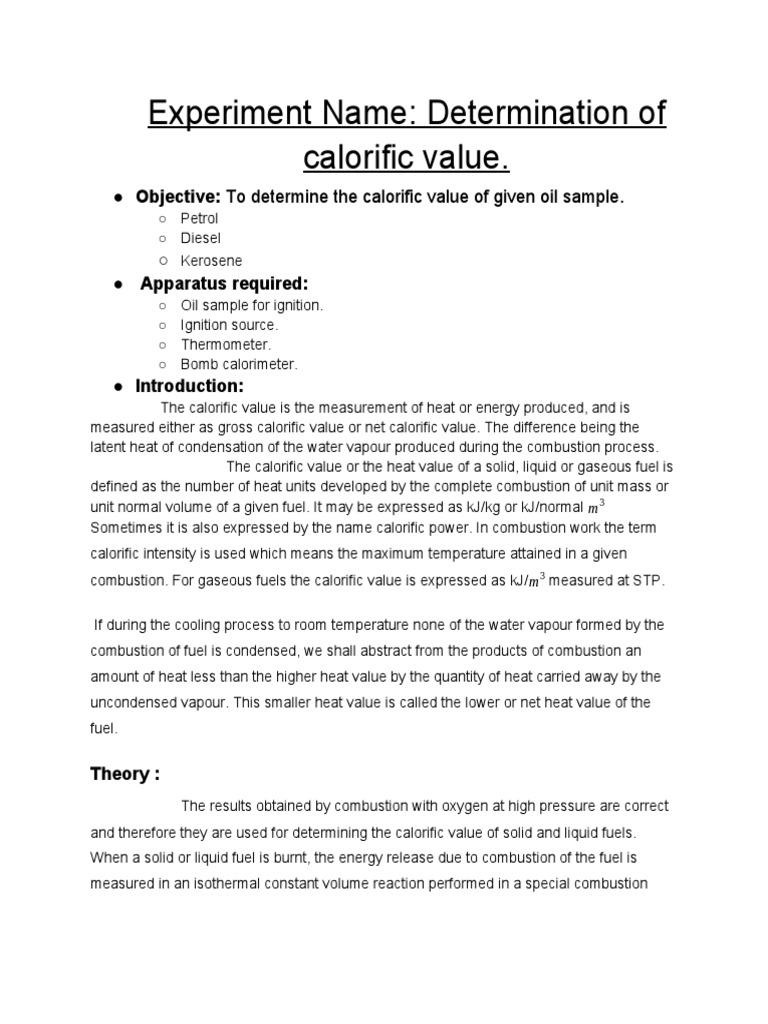 Experiment Name - Determination of Calorific Value | PDF | Combustion ...