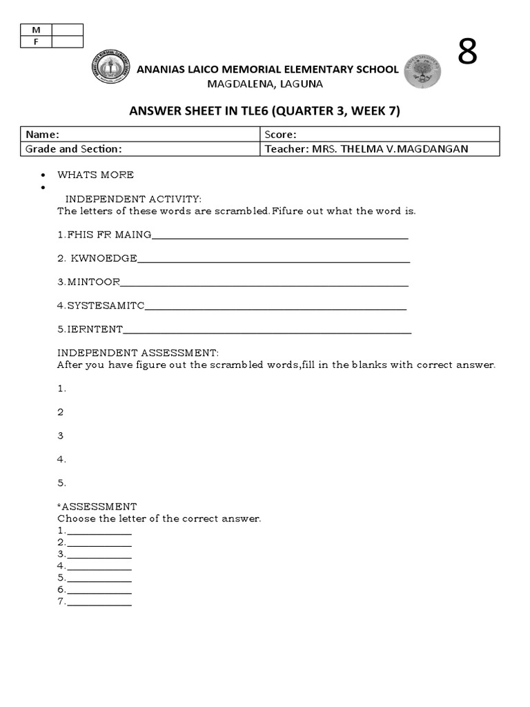 Answer Sheet in Tle6 (Quarter 3, Week 7) : Ananias Laico Memorial ...