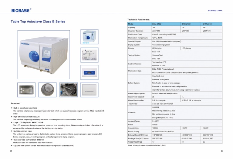 Biobase Autoclave de Sobremesa Clase B BKMZB BKM Z24B Brochure | PDF