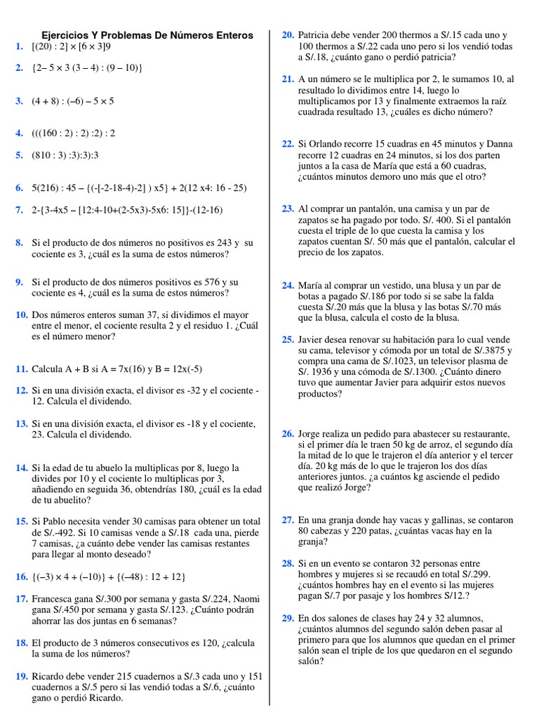 Ejercicios Y Problemas de Números Enteros | PDF | División (Matemáticas)