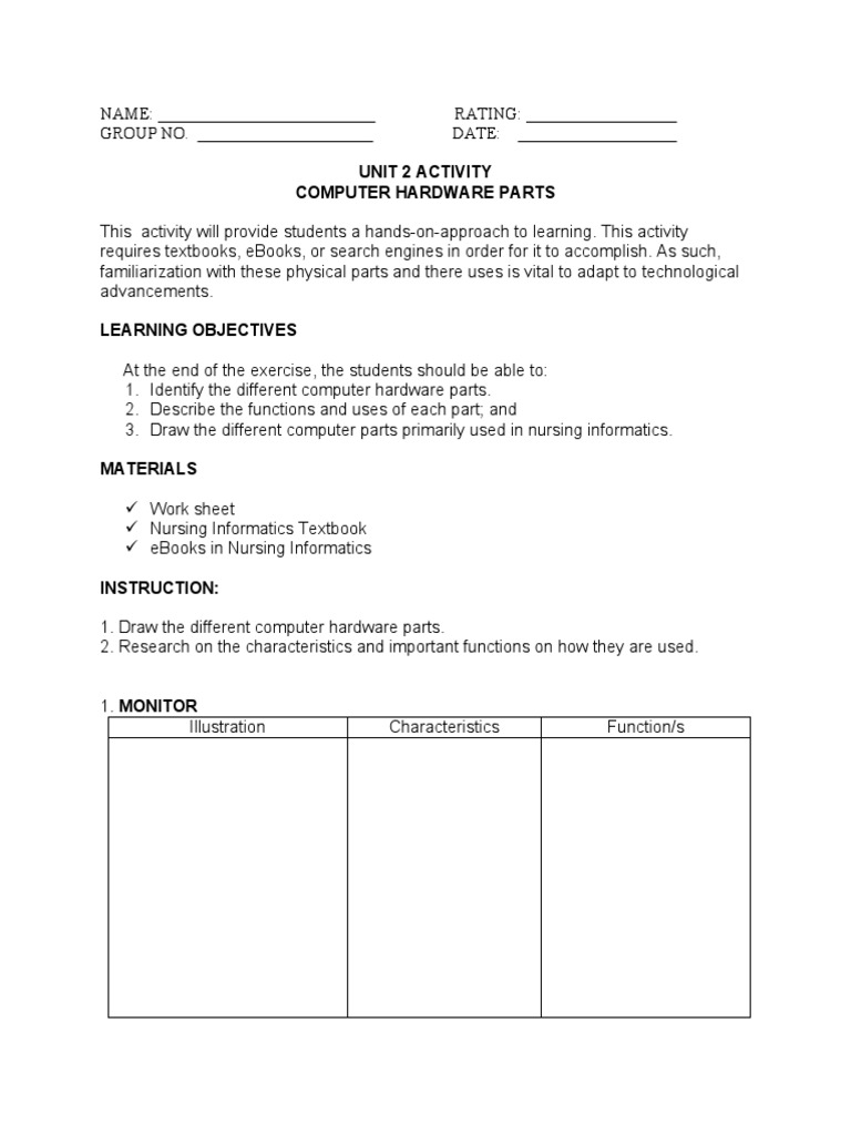 Activity Parts of Computer Hardware | PDF