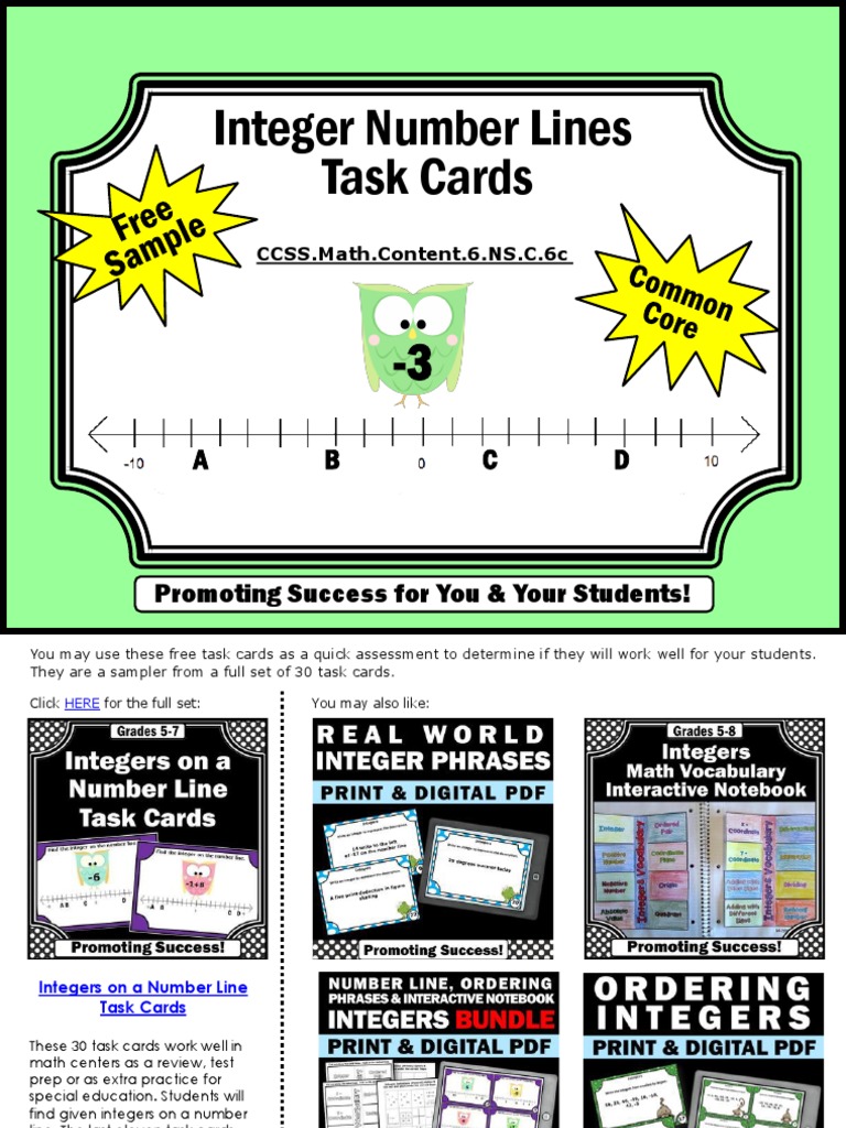 Integer Number Lines Task Cards: A B C D | PDF