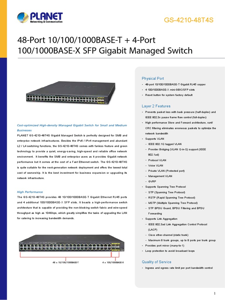 48-Port 10/100/1000BASE-T + 4-Port 100/1000BASE-X SFP Gigabit Managed ...