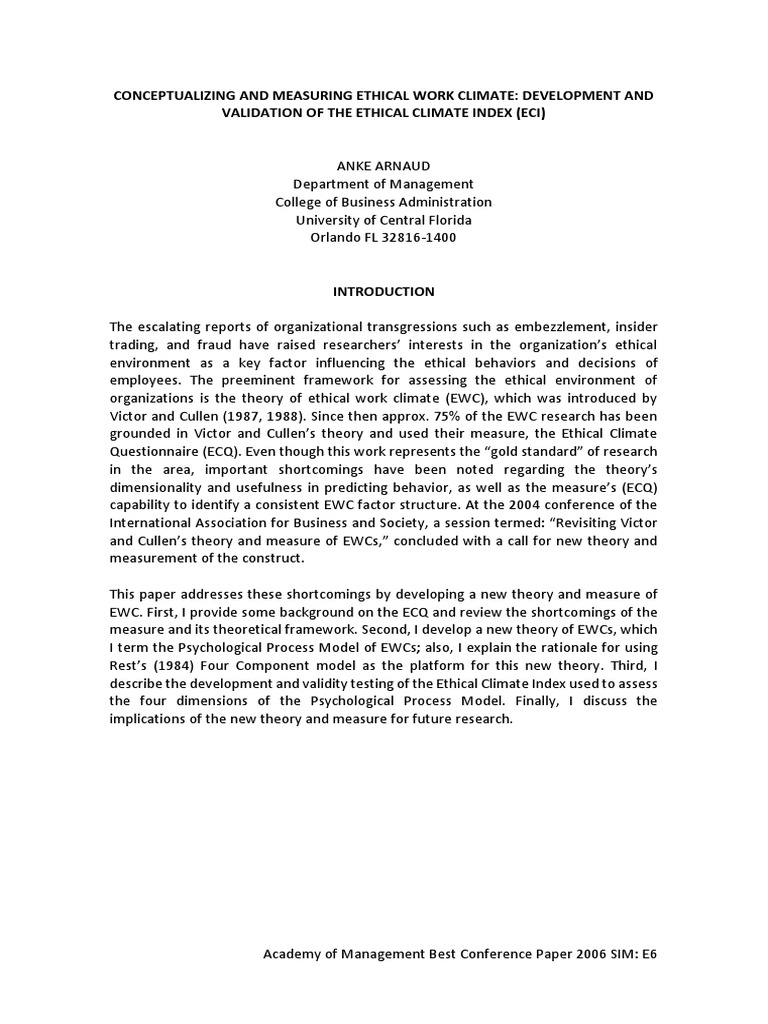 Conceptualizing and Measuring Ethical Work Climate | PDF Conceptualizing and Measuring Ethical Work Climate | PDF