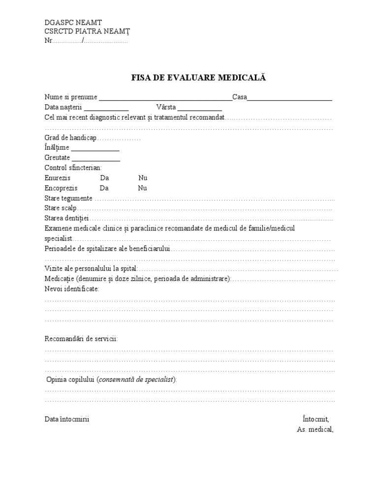Fisa de Evaluare Medicala - Model CSRCTD | PDF