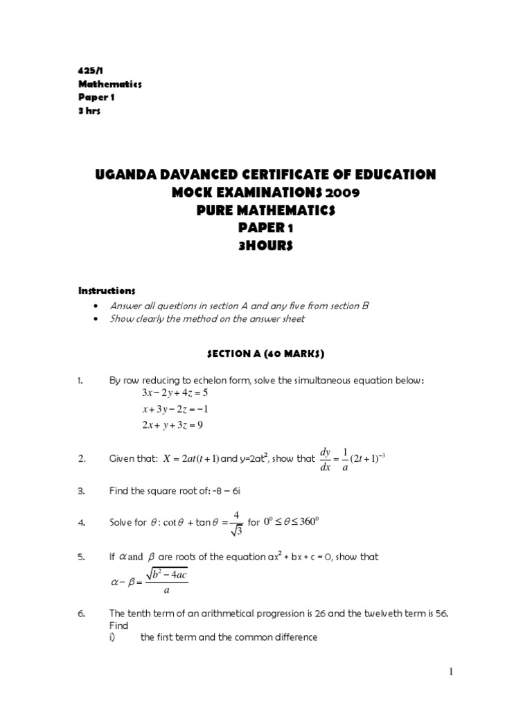 UACE 2009 Pure Math Mock Exam | PDF