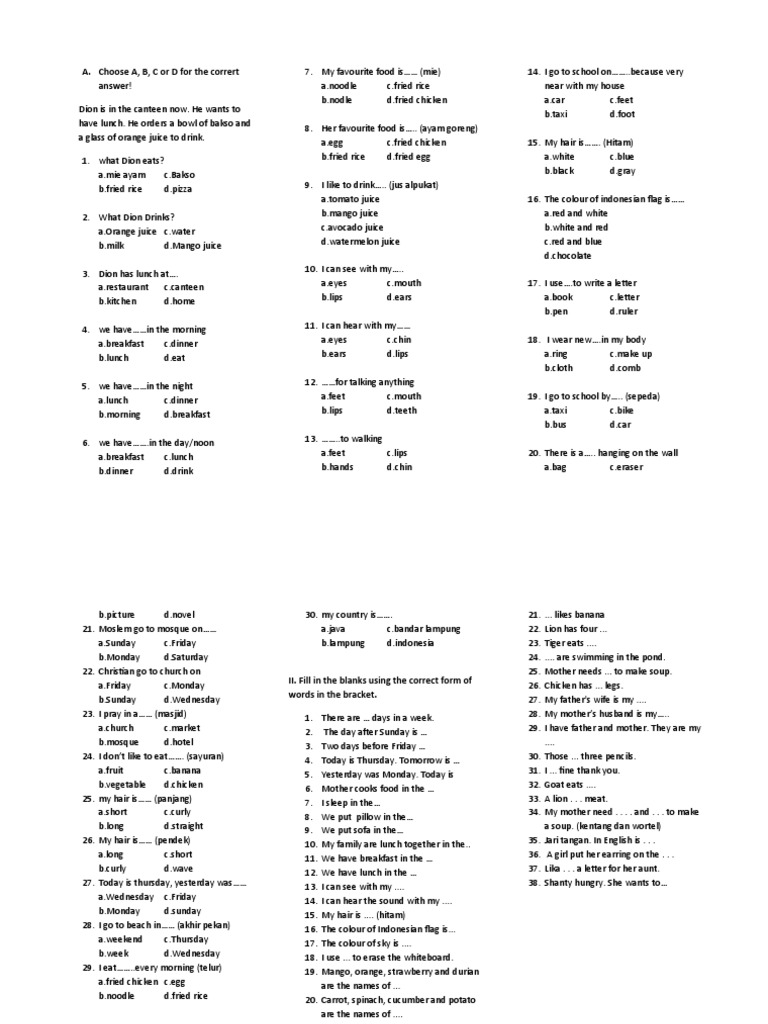 Soal Uas B.ing Kelas 4 | PDF | Food And Drink | Foods