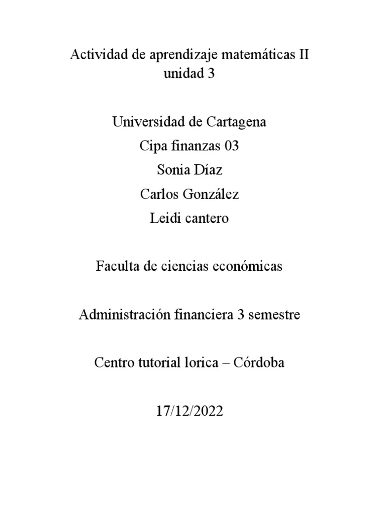 Actividad de Aprendizaje Matemáticas II | PDF | Finanzas y dinero