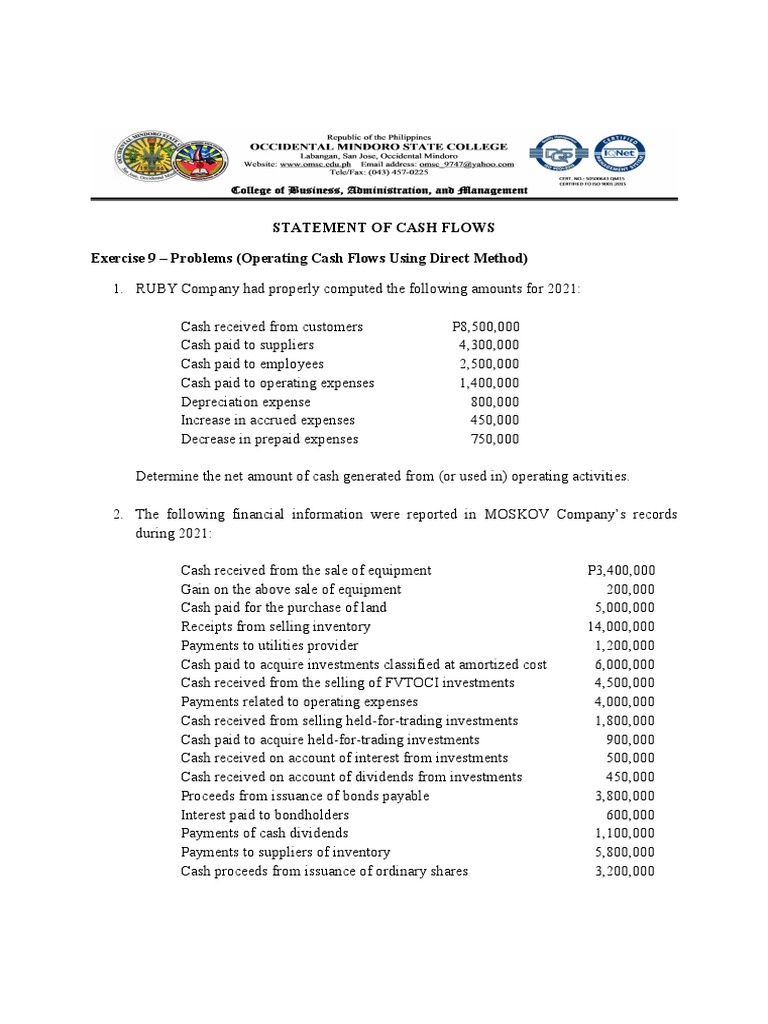 Exercise 9 Statement of Cash Flows - 054915 | PDF | Expense | Dividend