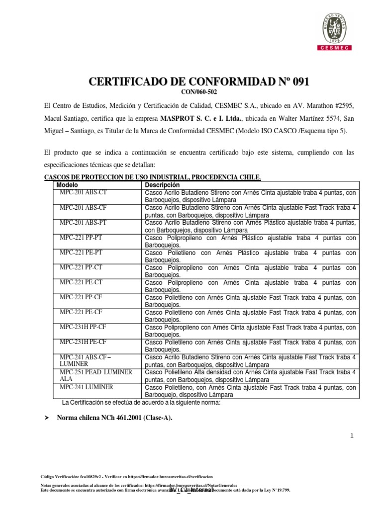 Certificado Calidad Casco MPC 221 8238 1 PDF | PDF