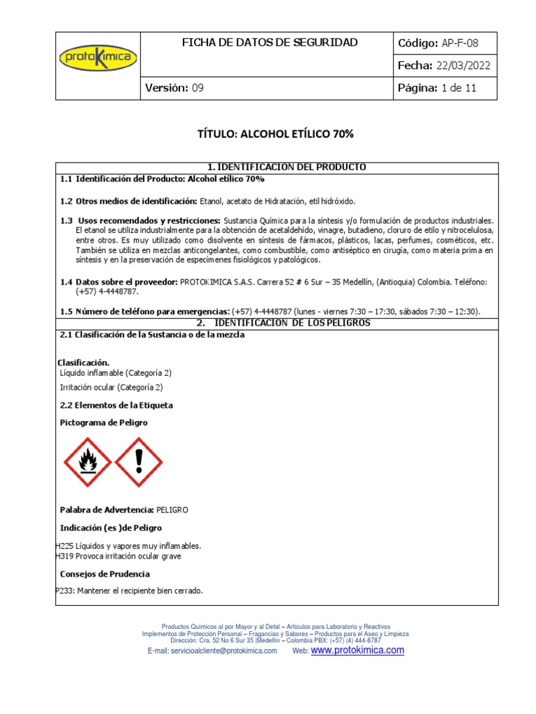 Ficha de Seguridad: Alcohol Etílico 70% | PDF | Agua | Etanol