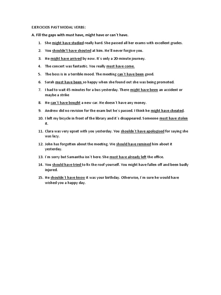 Past Modal Verbs Exercises | PDF