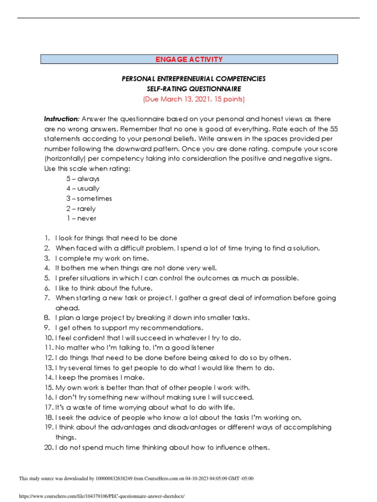 PEC Questionnaire Answer Sheet PDF | PDF | Behavioural Sciences ...