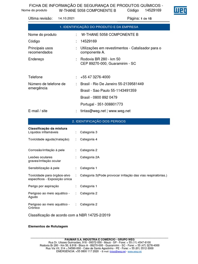 FISPQ W-THANE 5058 COMPONENTE B | PDF | Embalagem e rotulagem | Combustão