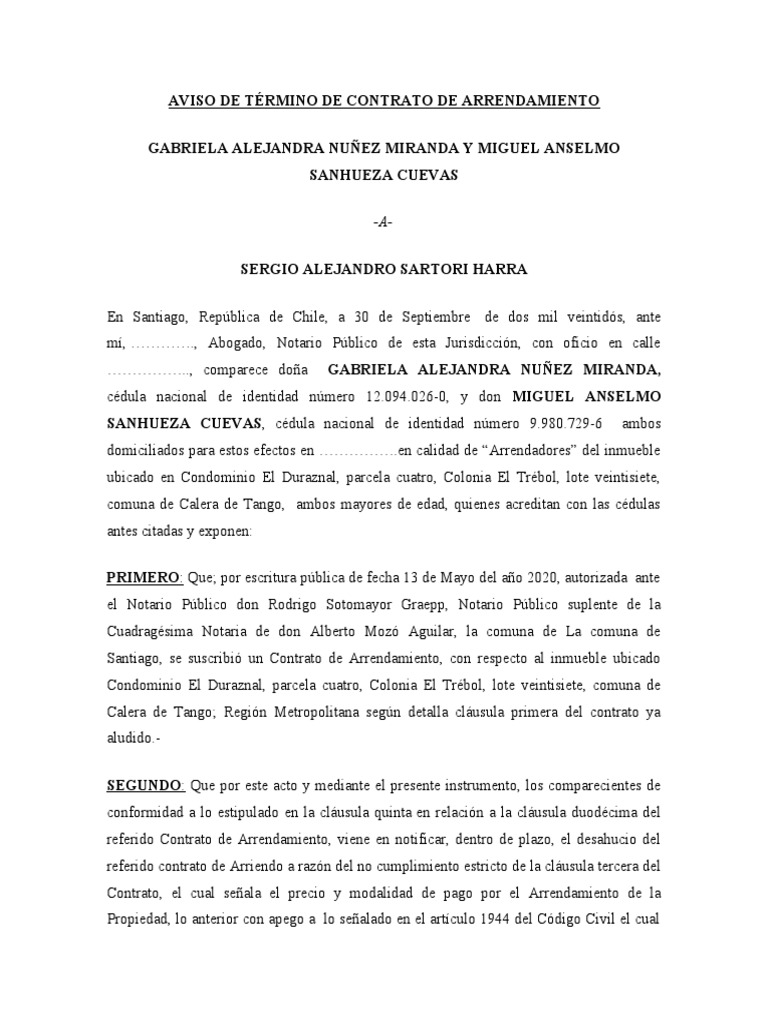 Carta Aviso de Término de Contrato de Arriendo Miguel Sanhueza 29 de ...