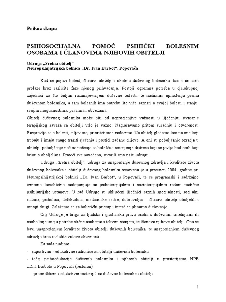 Psihosocijalna Pomoc Psihicki Bolesnim Osobama I Članovima Njihovih ...