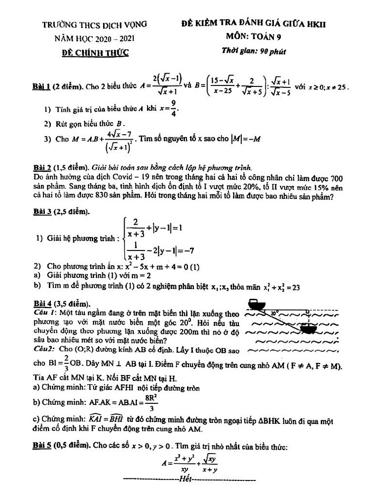De Kiem Tra Giua hk2 Toan 9 Nam 2020 2021 Truong Thcs Dich Vong Ha Noi PDF | PDF