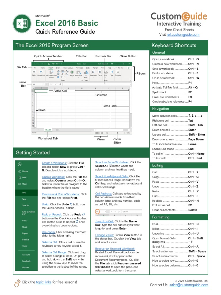 Excel 2016 Basic Cheat Sheet | PDF | Control Key | Microsoft Excel