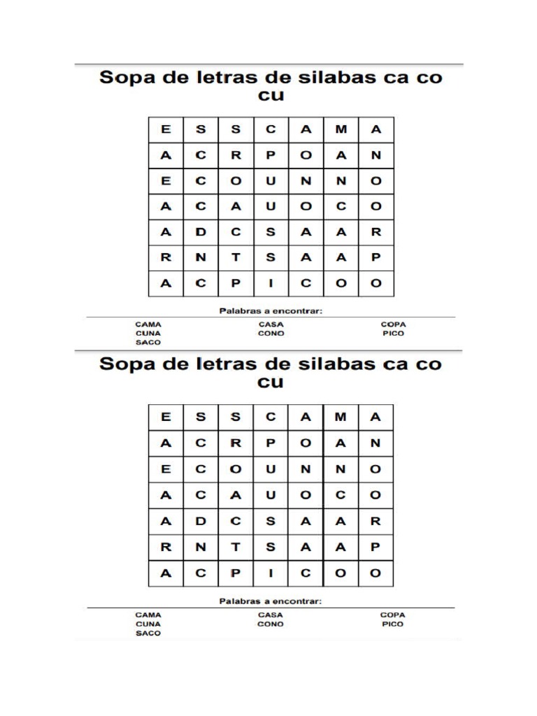 Sopa de Letras Ca, Co, Cu 2° | PDF