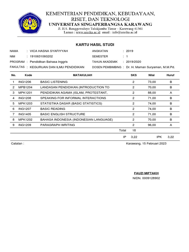 KARTU HASIL STUDI | PDF