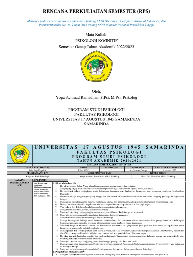RPS - Psikologi Kognitif - Praktisi Mengajar 2023 | PDF