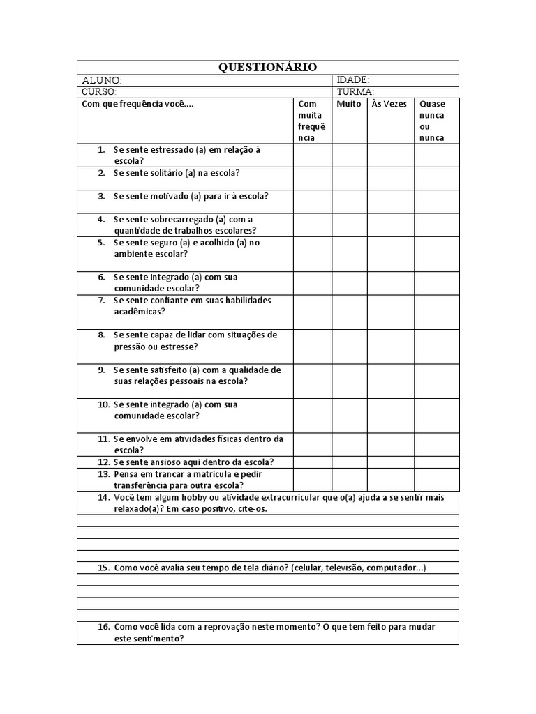 QUESTIONÁRIO | PDF | Bem-estar | Autoajuda