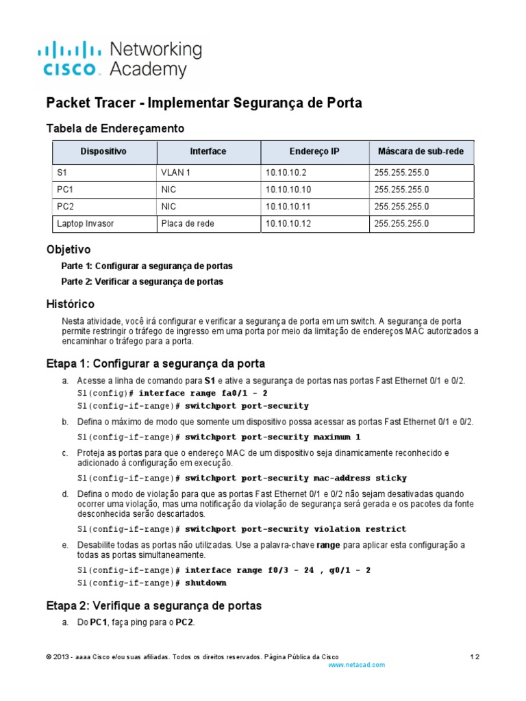 11.1.10 Packet Tracer - Implement Port Security - PT BR PDF | PDF ...