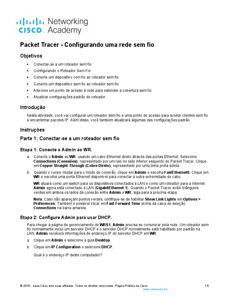 13 1 10 Packet Tracer Configure A Wireless Network Pt Br Pdf Endereço De Ip Rede De