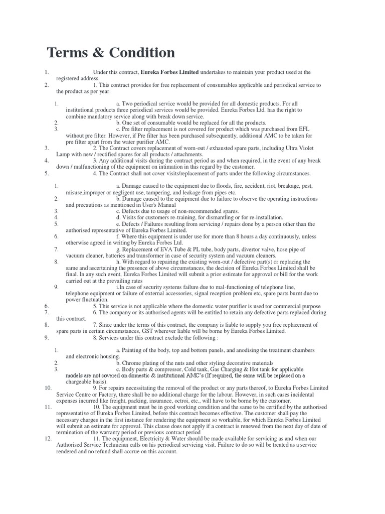 Eureka Forbes Terms & Conditions | PDF | Taxes | Invoice