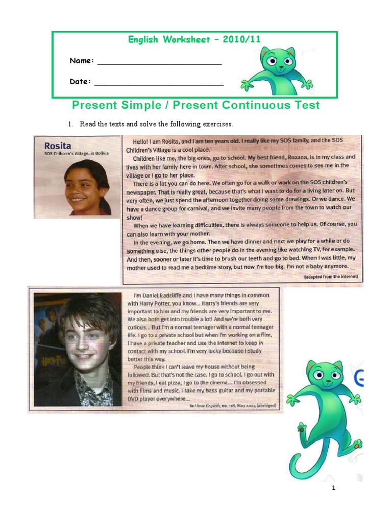 Present Simple and Continuous Test - 6th Grade | PDF