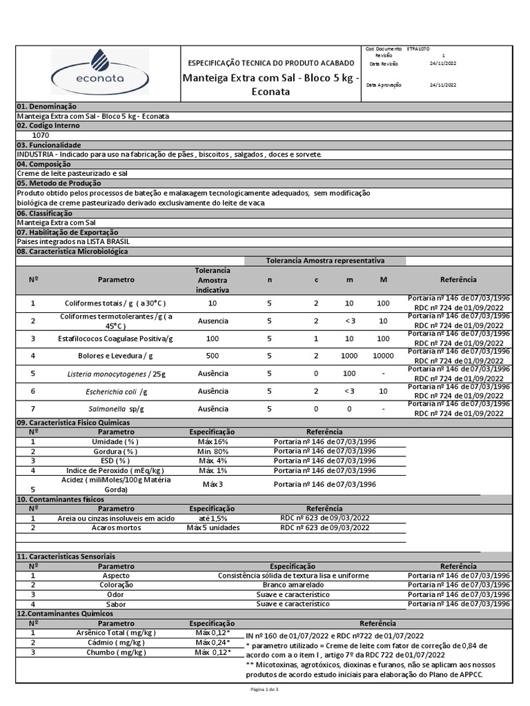 Ficha Técnica - Produto Acabado - Extra 5 KG Com Sal PDF | PDF | Leite ...