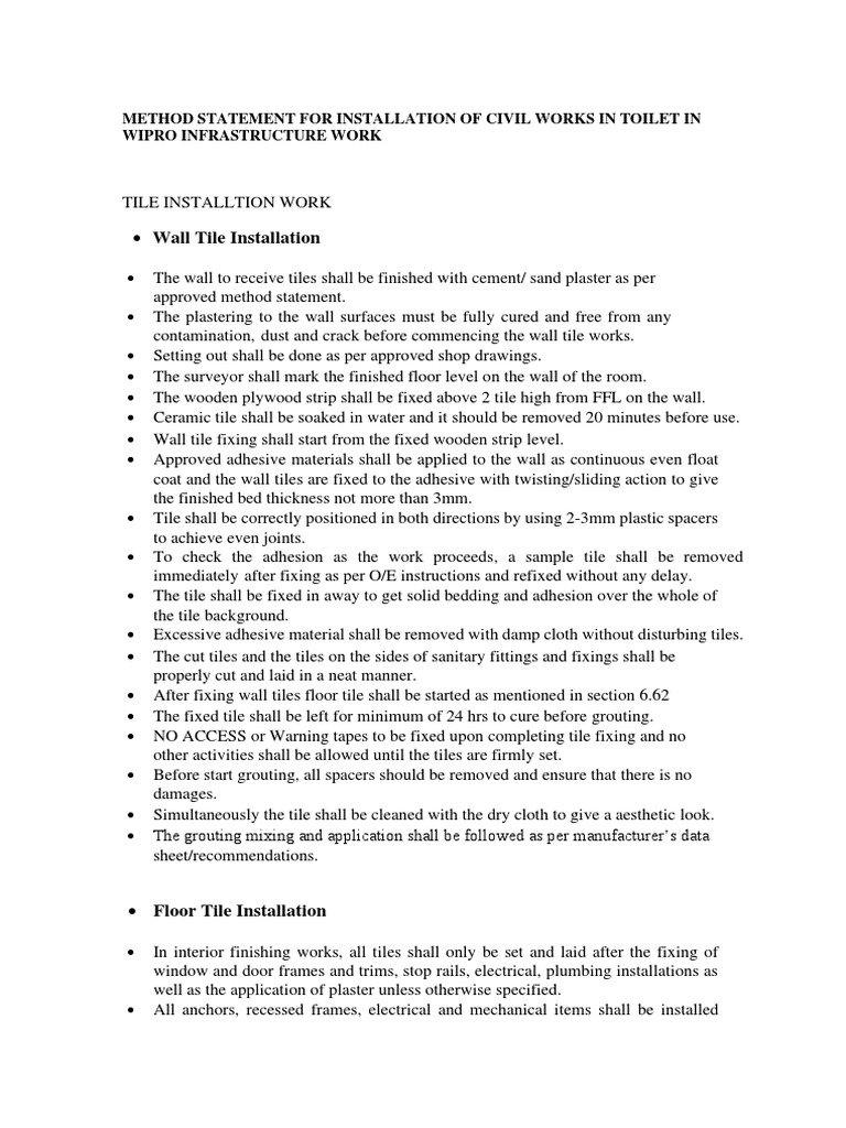 Civil Works Installation Method Statement | PDF | Plumbing | Door