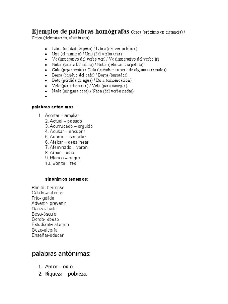 Ejemplos de palabras homógrafas Cerca | PDF