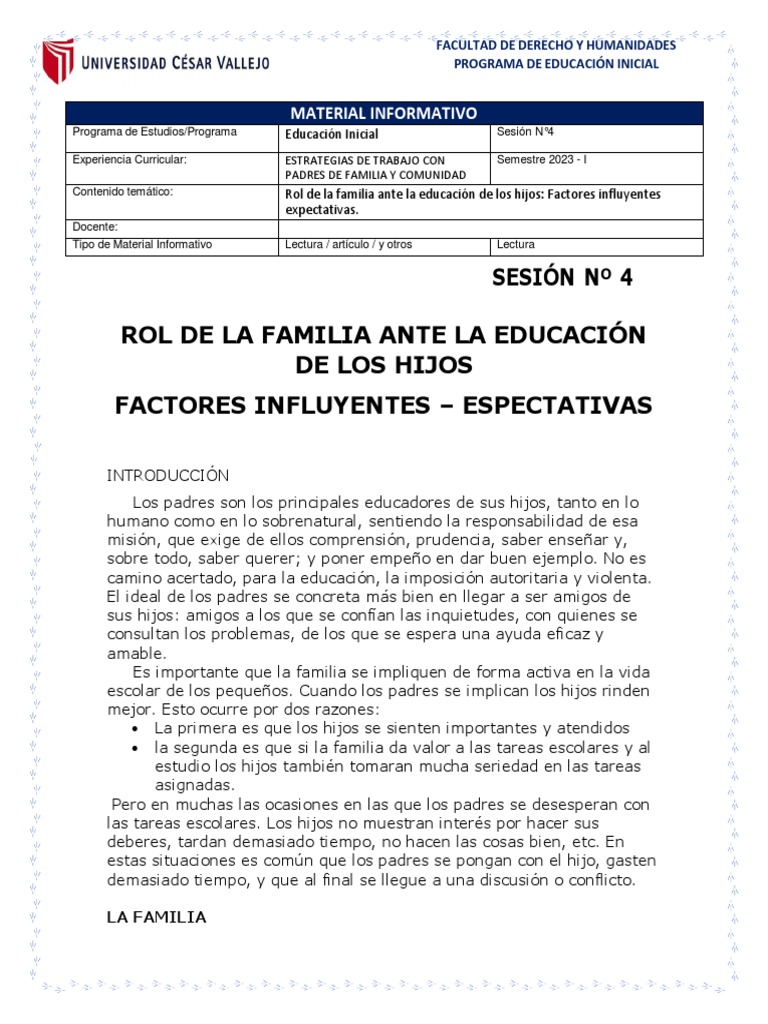 MATERIAL Sesión 4 SEPARATA-ROL DE LA FAMILIA ANTE LA EDUCACIÓN DE LOS ...